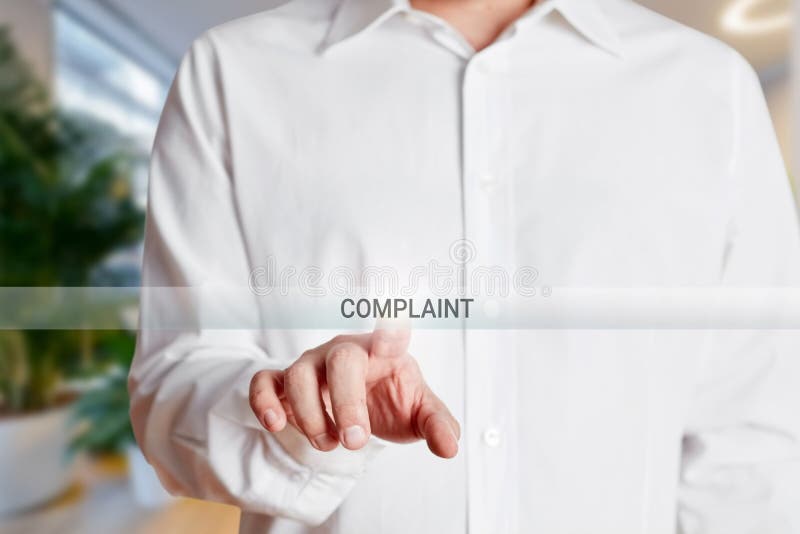 Businessman Presses Complaint Button on a Virtual Screen Stock Image ...