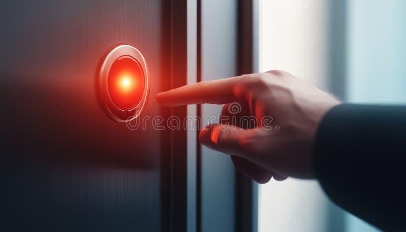 Businessman Presses Red Elevator Button on High Floor in Sun Light with ...