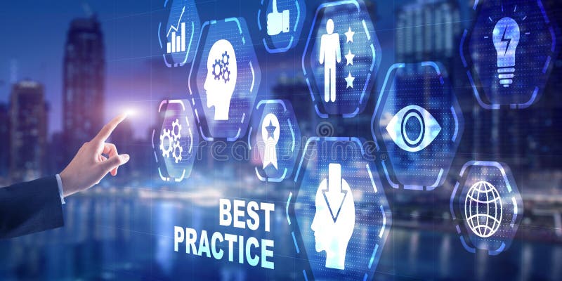 Businessman Pressing Best Practice Button on Virtual Screens Stock ...