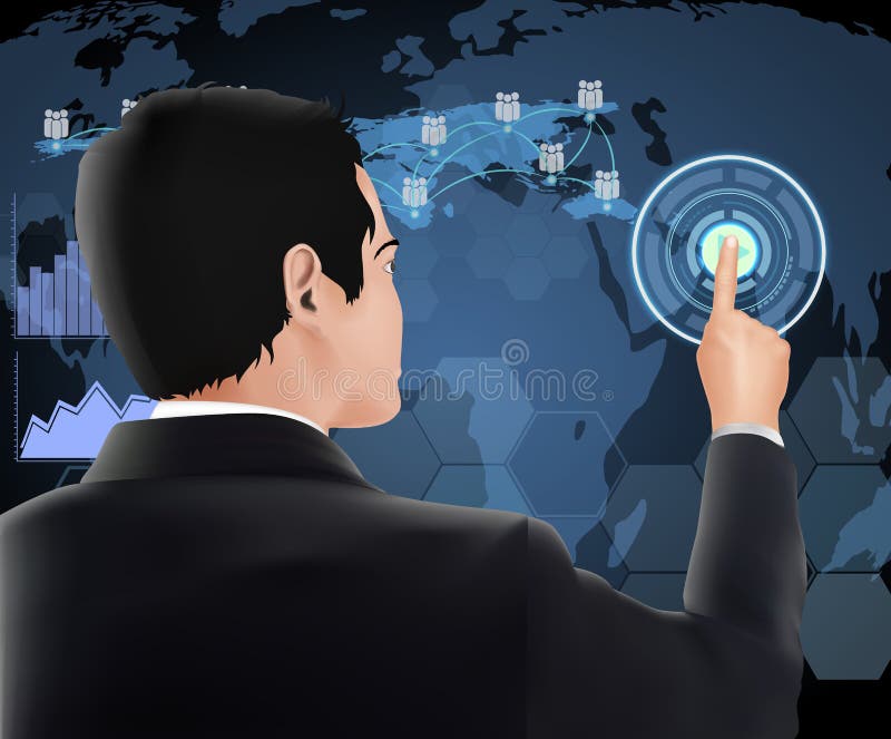 Businessman Pressing Button with Contact on Virtual Screens Stock ...