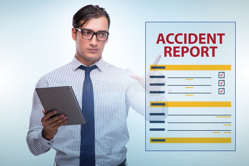Businessman Pressing Buttons on Virtual Accident Report Stock Photo ...