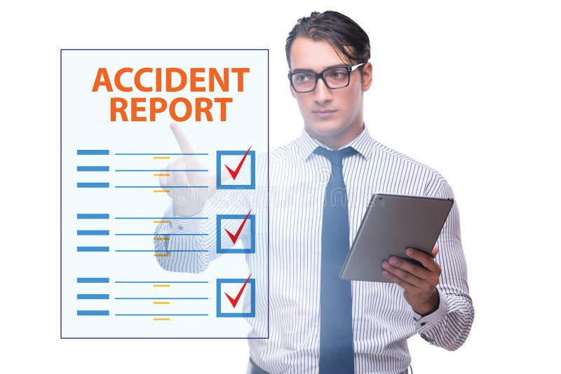 Businessman Pressing Buttons on Virtual Accident Report Stock Image ...