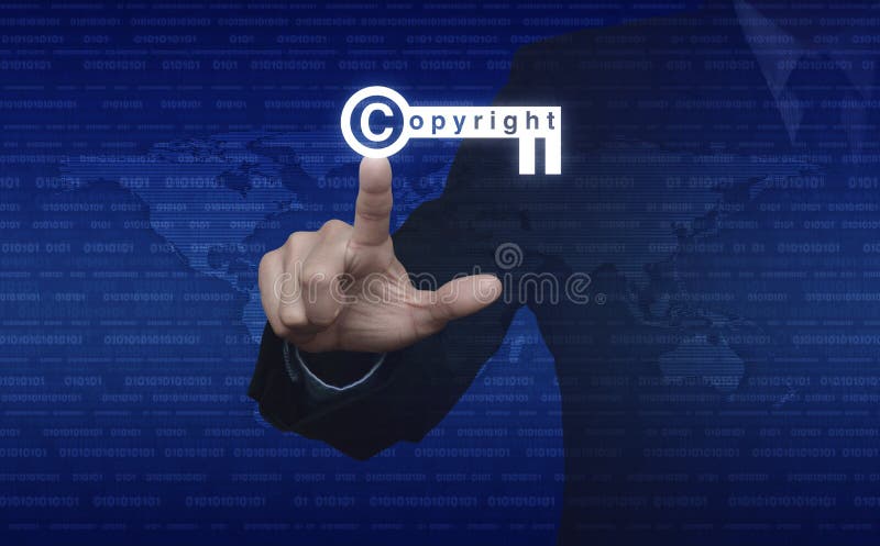 Businessman Pressing Copyright Key Icon Over Digital World Map a Stock ...