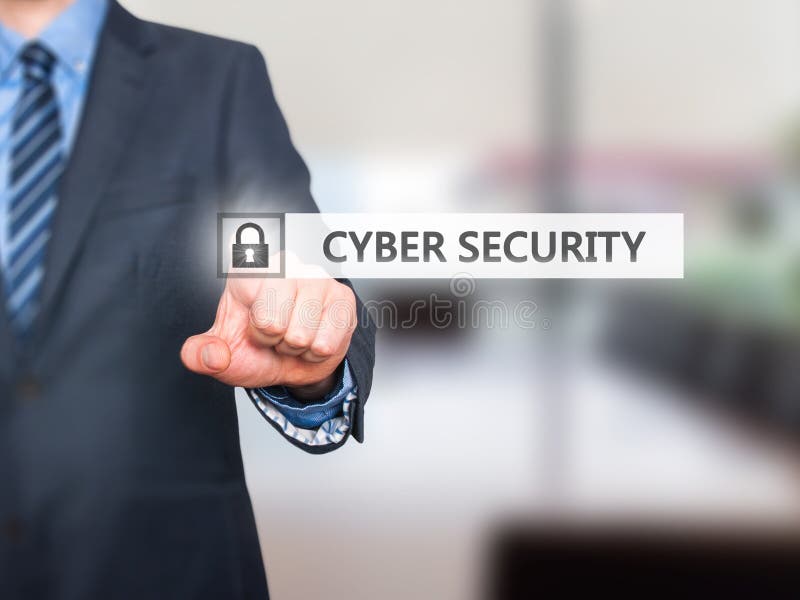 Businessman Pressing Cyber Security Button on Virtual Screens Stock ...