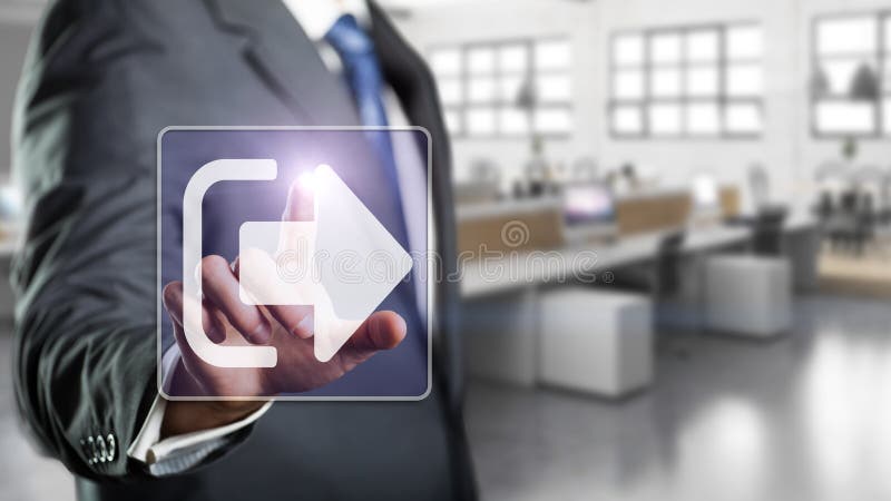 Businessman Pressing an Exit Symbol Stock Photo - Image of internet ...
