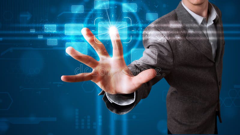 Businessman Pressing High Tech Button Stock Photo - Image of navigation ...