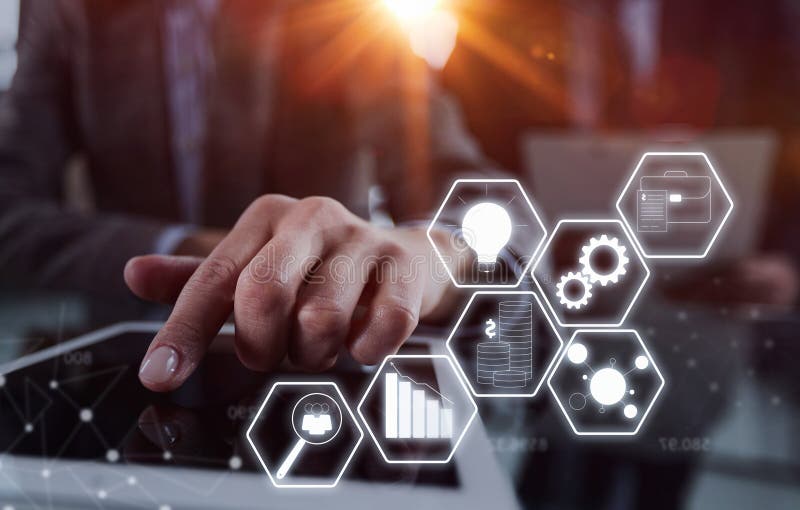 Businessman Pressing His Finger on the Screen of the Digital Tab Stock ...