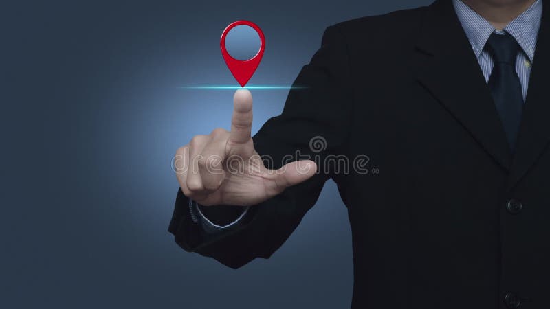Businessman Pressing Map Pin Point Location Button Over Blue Gradient ...