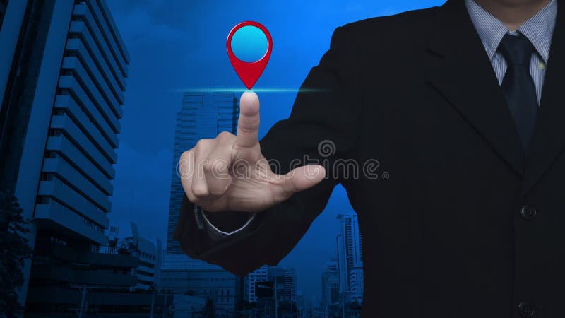 Businessman Pressing Map Pin Point Location Button Over Modern Office ...