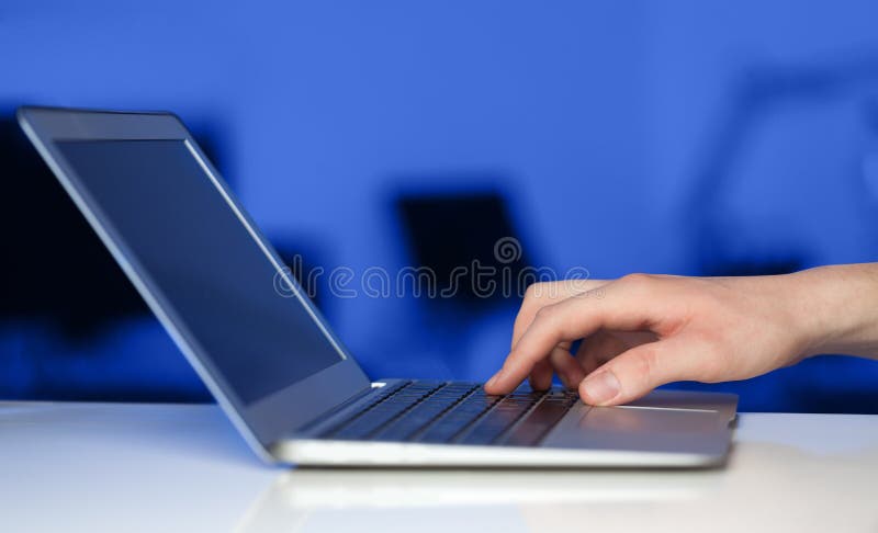Man Pressing Notebook Laptop Computer With Doodle Icon Cloud Symbols ...