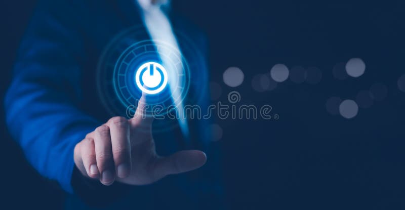 Businessman Pressing Power Button Concept. Digital Technology Touch ...