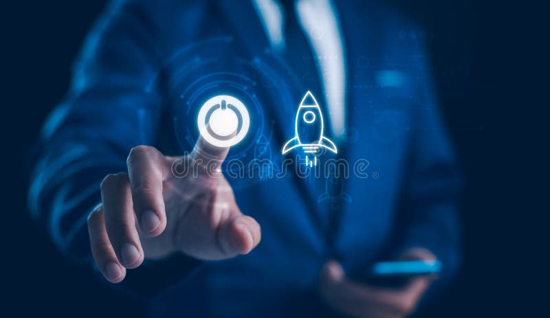 Businessman Pressing Power Button Concept Digital Technology Touch ...