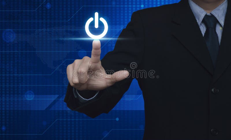 Businessman Pressing Power Button Over Digital World Map Technology ...