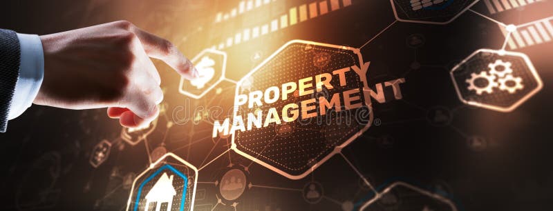 Businessman Pressing PROPERTY MANAGEMENT Button on Virtual Screens ...