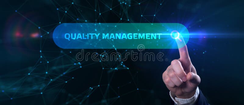 Businessman Pressing Quality Management Button on Virtual Screens ...