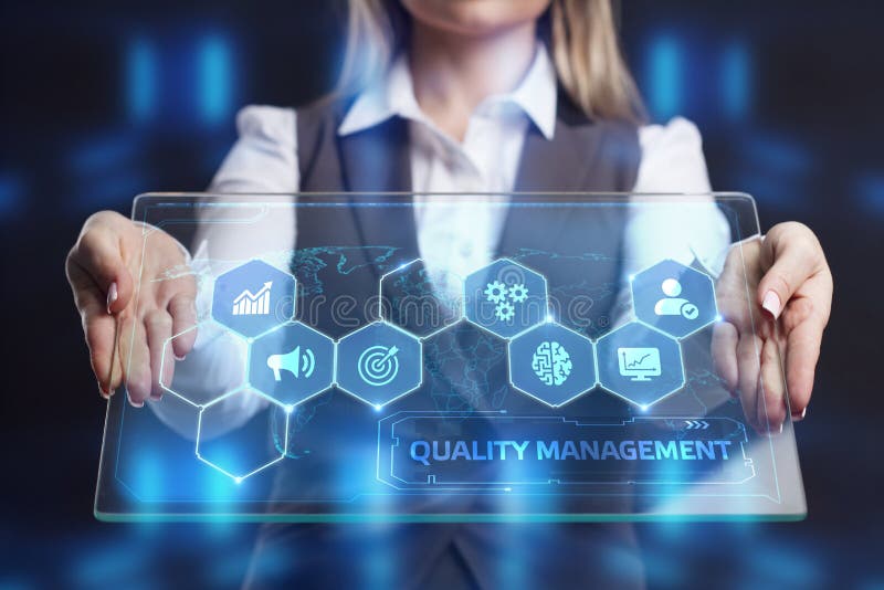 Businessman Pressing Quality Management Button on Virtual Screens ...
