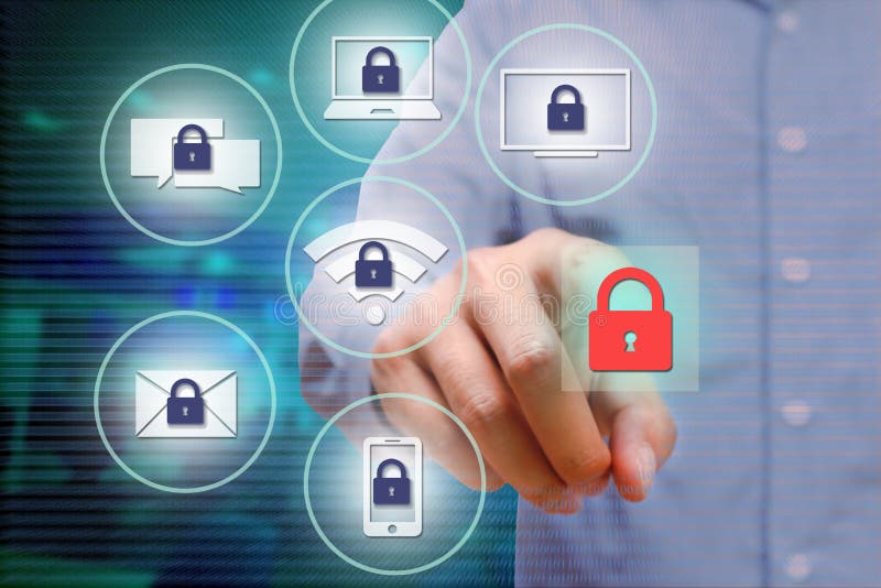 Businessman Pressing Red Security Lock Button on Virtual Screens Stock ...