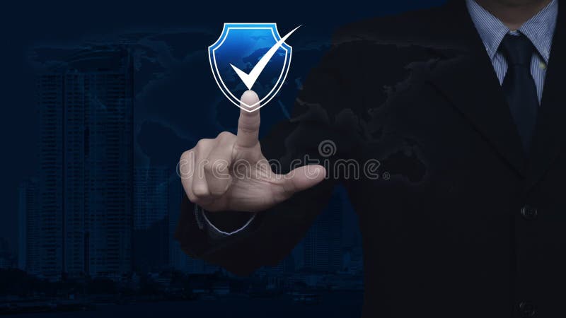 Businessman Pressing Security Shield with Check Mark Icon Over World ...