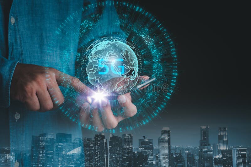 Businessman Pressing on Smart Phone with the World of 5G, Concept of ...