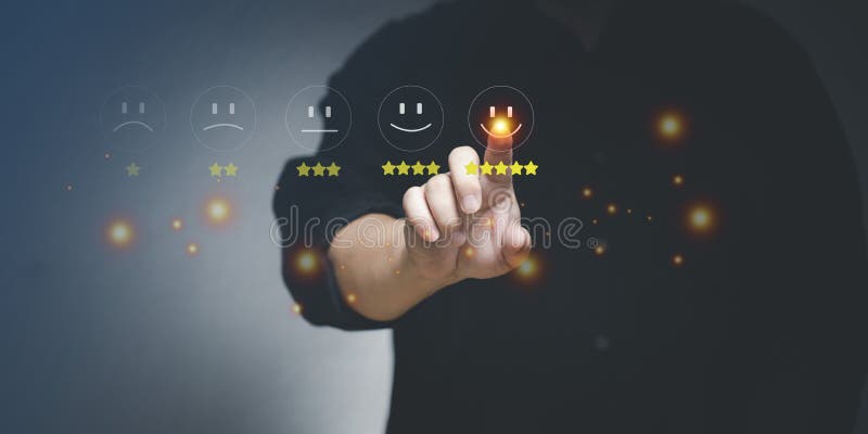 Businessman Pressing Smiley Face Emoticon on Virtual Touch Screen ...