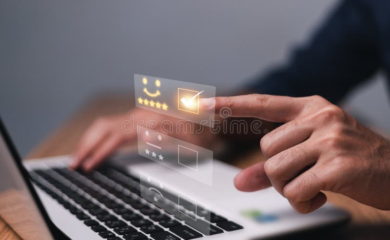 Businessman Pressing Smiley Face Emoticon on Virtual Touch Screen ...