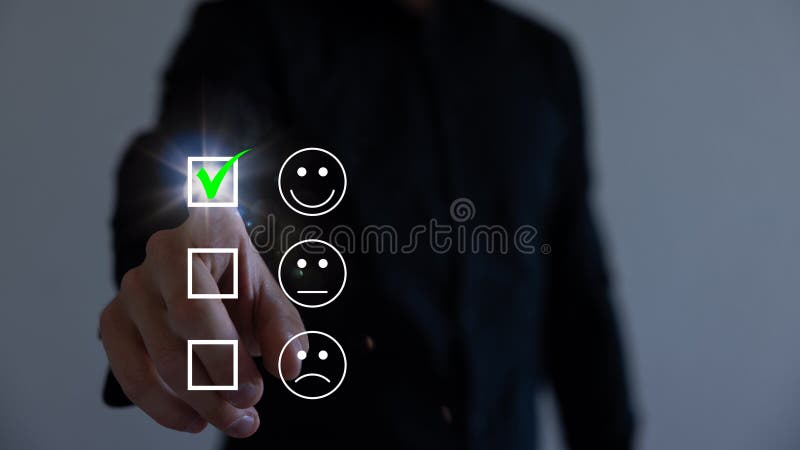 Businessman Pressing Smiley Face Emoticon on Virtual Touch Screen ...