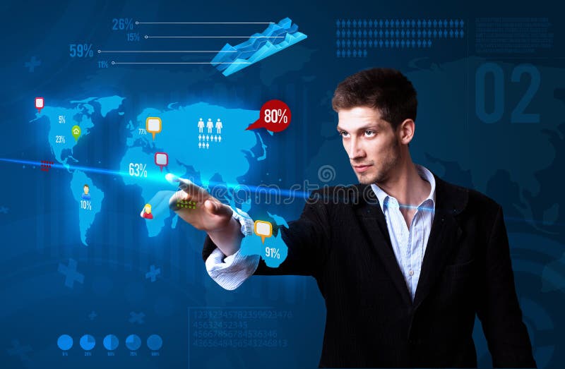 Man Pressing Touch Screen Buttons on Blue Stock Image - Image of global ...