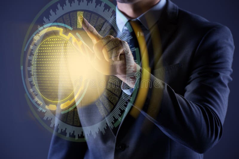 The Businessman Pressing Virtual Button in Futuristic Concept Stock ...
