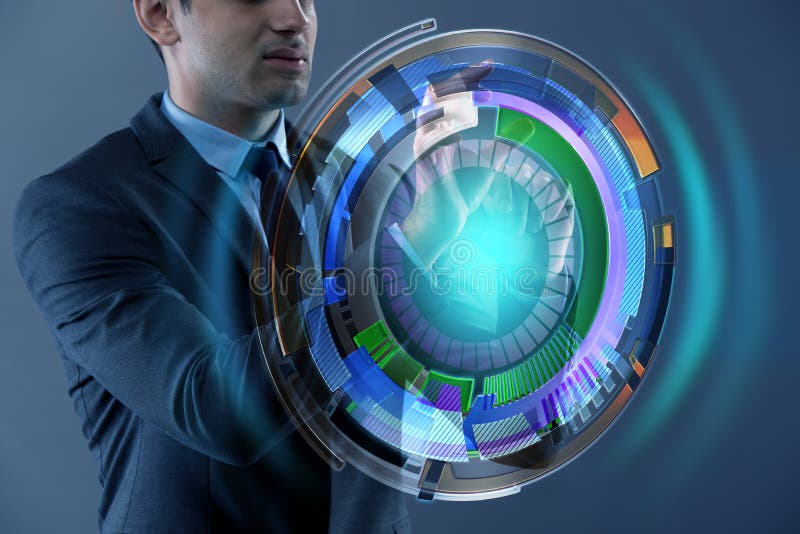 The Businessman Pressing Virtual Button in Futuristic Concept Stock ...