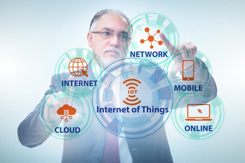Businessman Pressing Virtual Button in IoT Concept Stock Image - Image ...