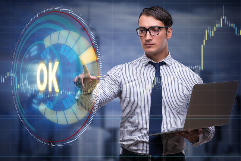 The Businessman Pressing Virtual Button Ok Stock Illustration ...