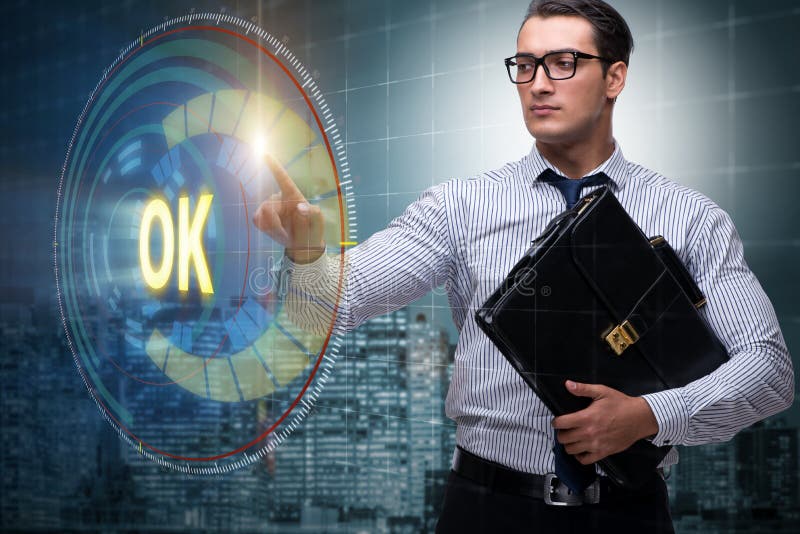The Businessman Pressing Virtual Button Ok Stock Photo - Image of ...