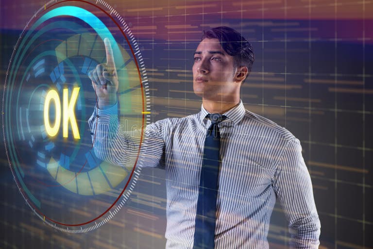 The Businessman Pressing Virtual Button Ok Stock Image - Image of ...