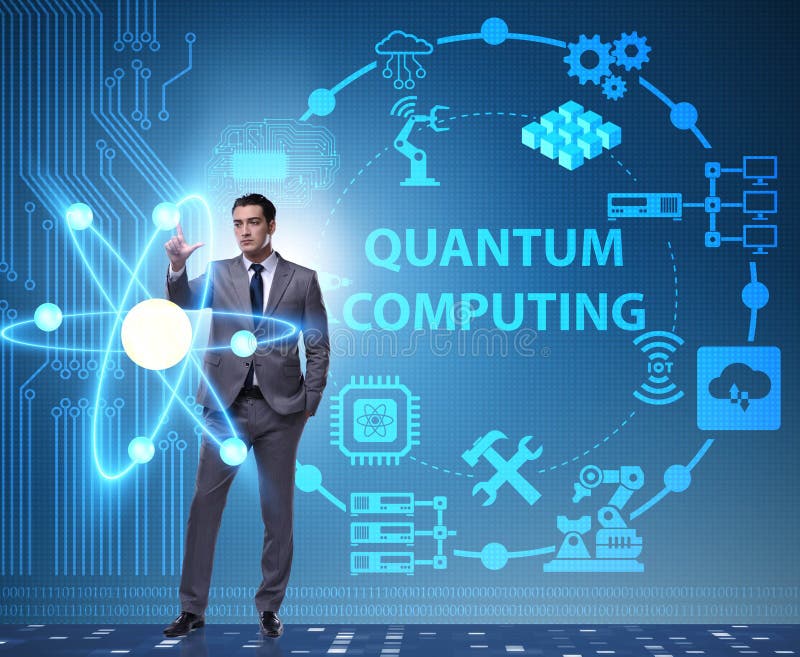 Businessman Pressing Virtual Button in Quantum Computing Concept Stock ...