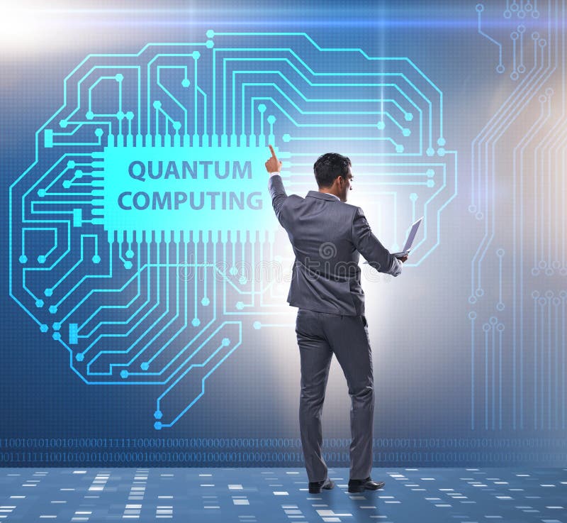 Businessman Pressing Virtual Button in Quantum Computing Concept Stock ...