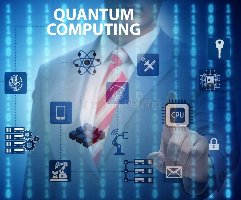 Businessman Pressing Virtual Button in Quantum Computing Concept Stock ...