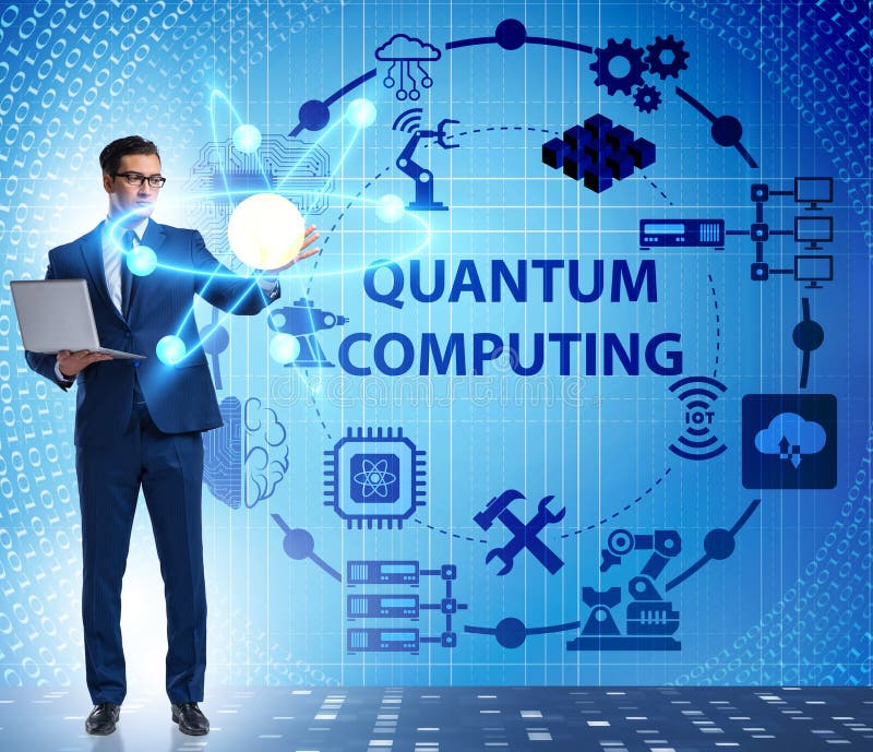 Businessman Pressing Virtual Button in Quantum Computing Concept Stock ...