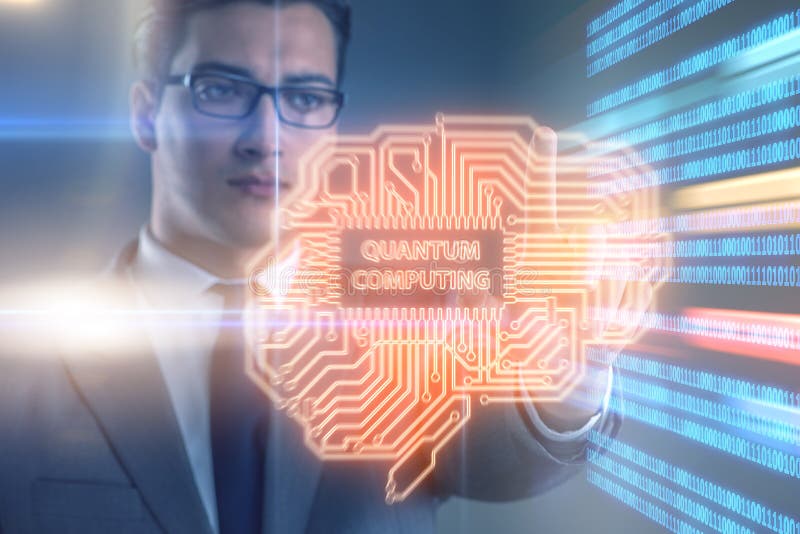 The Businessman Pressing Virtual Button in Quantum Computing Concept ...