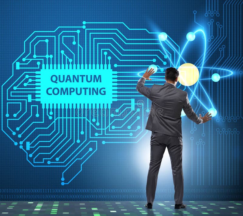 Businessman Pressing Virtual Button in Quantum Computing Concept Stock ...