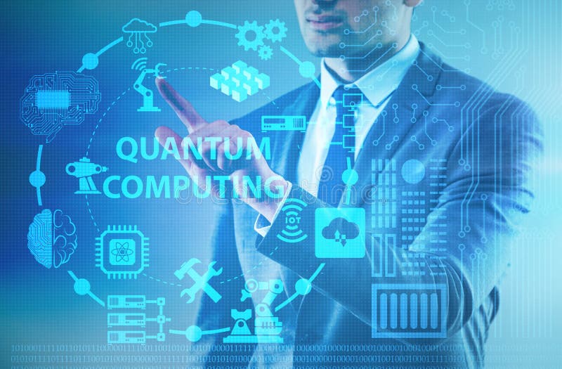 Businessman Pressing Virtual Button in Quantum Computing Concept Stock ...