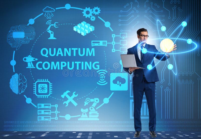 Businessman Pressing Virtual Button in Quantum Computing Concept Stock ...