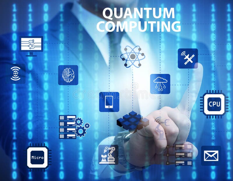 Businessman Pressing Virtual Button in Quantum Computing Concept Stock ...