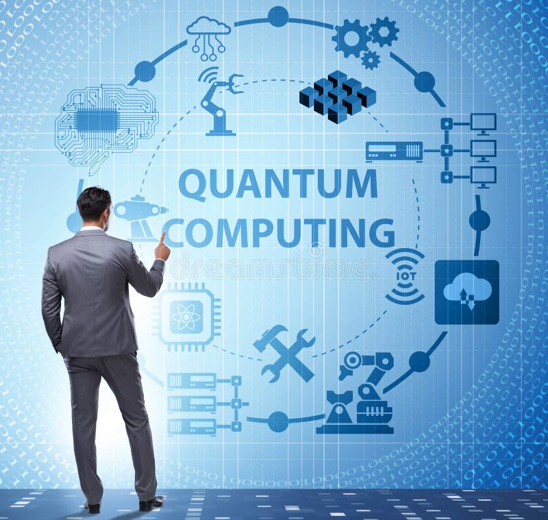 Businessman Pressing Virtual Button in Quantum Computing Concept Stock ...