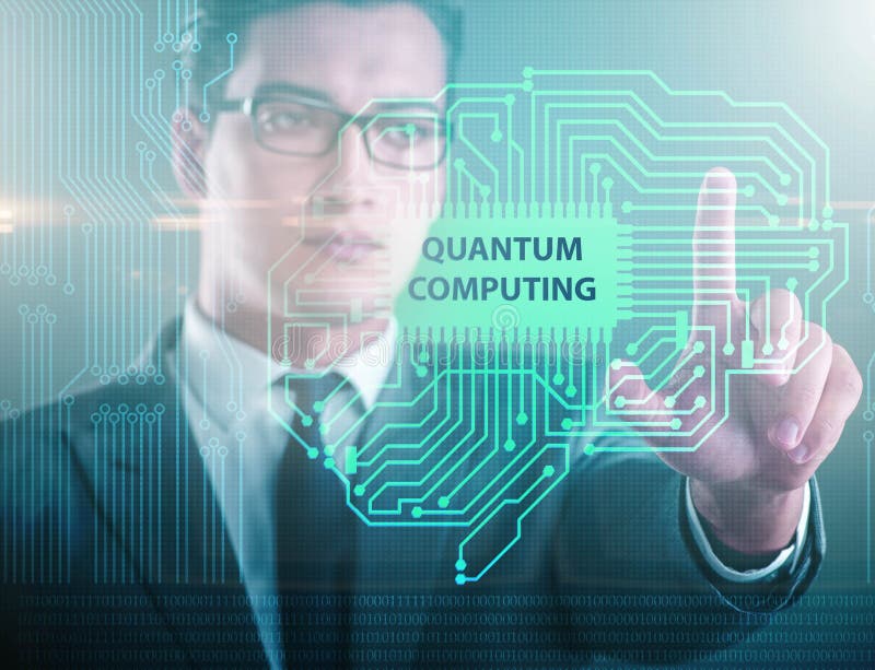 Businessman Pressing Virtual Button in Quantum Computing Concept Stock ...