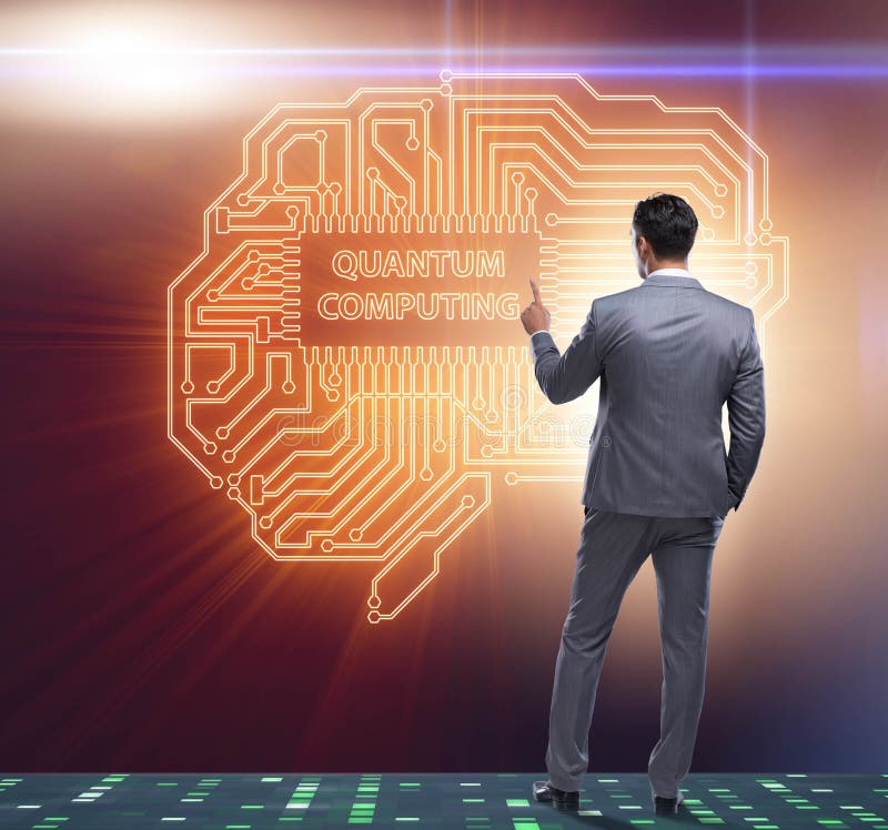 Businessman Pressing Virtual Button in Quantum Computing Concept Stock ...