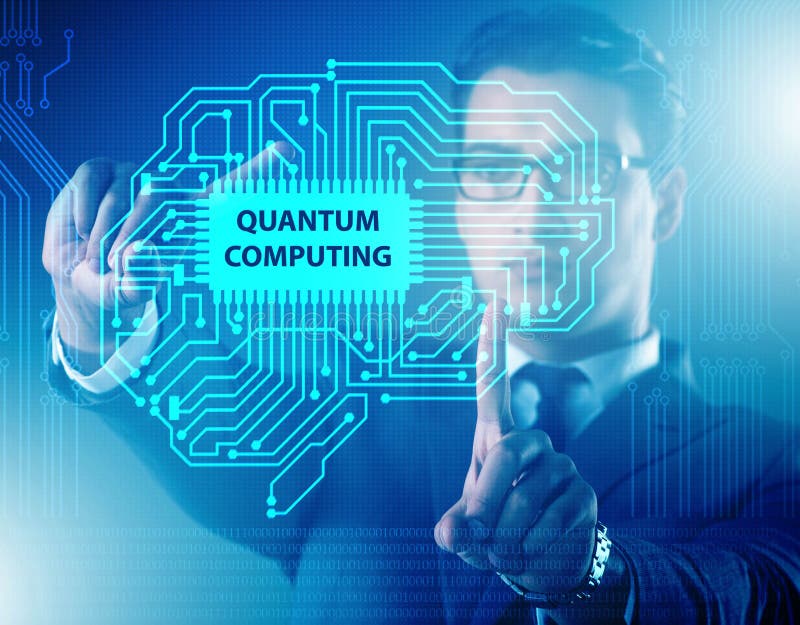 Businessman Pressing Virtual Button in Quantum Computing Concept Stock ...