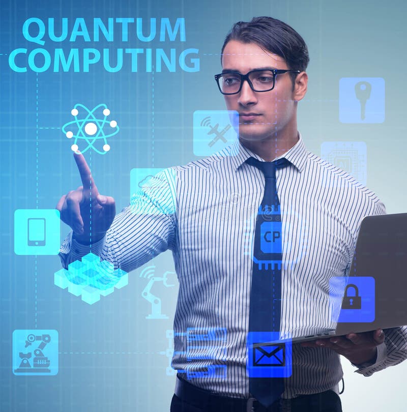Businessman Pressing Virtual Button in Quantum Computing Concept Stock ...