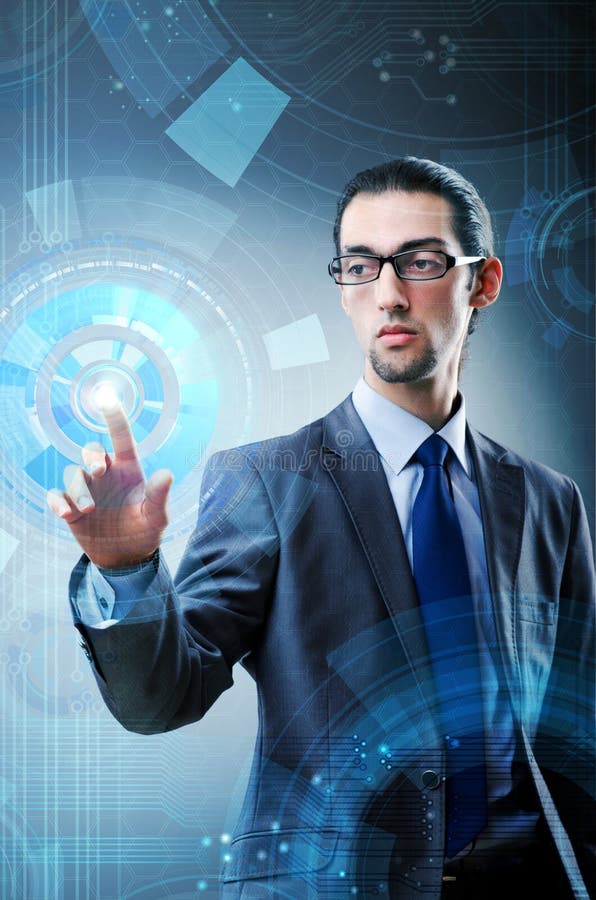 The Businessman Pressing Virtual Buttons in Futuristic Concept Stock ...