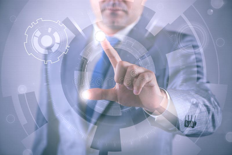 The Businessman Pressing Virtual Buttons in Futuristic Concept Stock ...