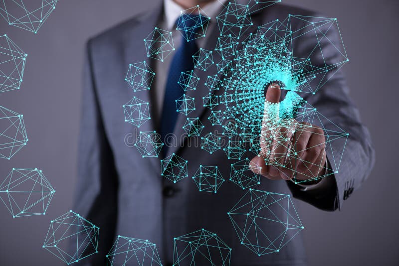 The Businessman Pressing Virtual Buttons in Futuristic Concept Stock ...